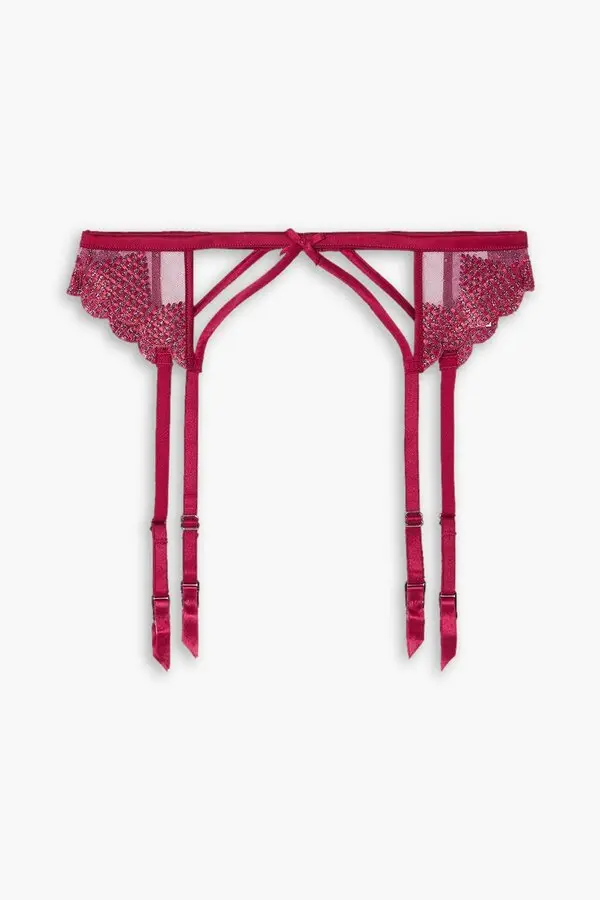 Fleur Du Mal Silk-satin Trimmed Tulle Suspender Belt - Claret