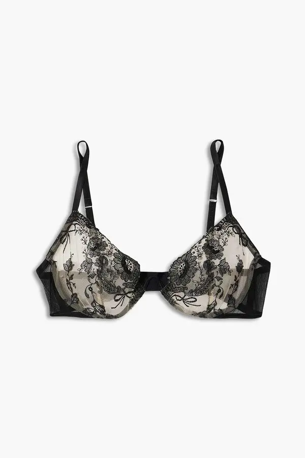 I.D. Sarrieri Tattoo Embroidered Silkblend Tulle Underwired Softcup Bra - Black