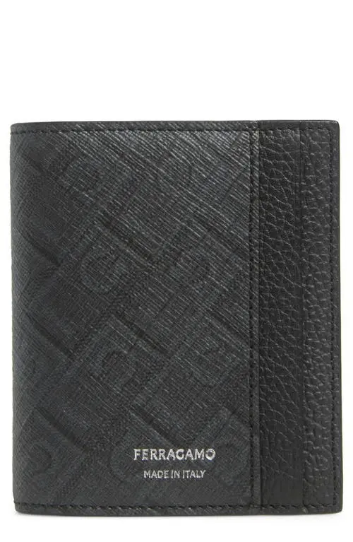 FERRAGAMO Gancio Monogram Vertical Leather Bifold Wallet - Nero/ Grigio Flame Red
