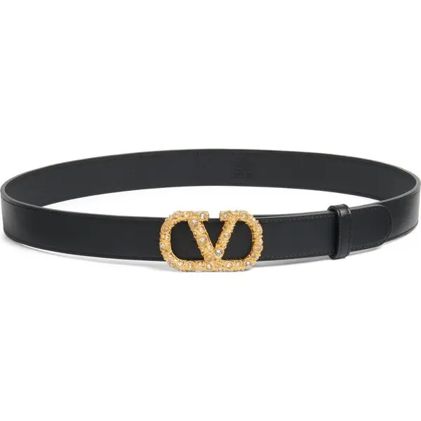 Valentino Garavani Embellished Vlogo Leather Belt - Black/ Crystal