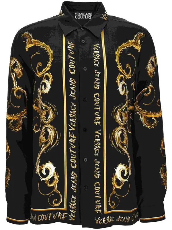 versace black and gold dress shirt Versace Black Panel Watercolour Baroque Regular Shirt main image 1