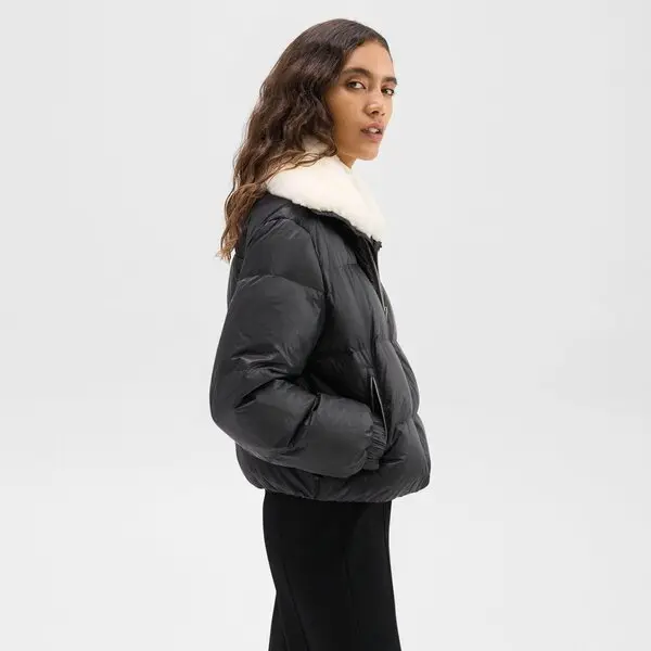 Theory Shearling-Trimmed Puffer Jacket In Black - 44% Off