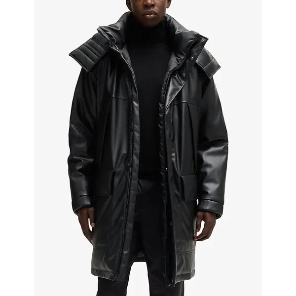 Hugo Embossed-logo Longline Faux Leather-down Jacket