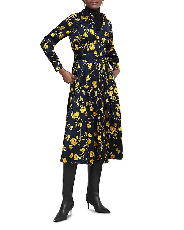 HOBBS LONDON Amelia Floral Print Satin Shirt Dress - Navy Yellow