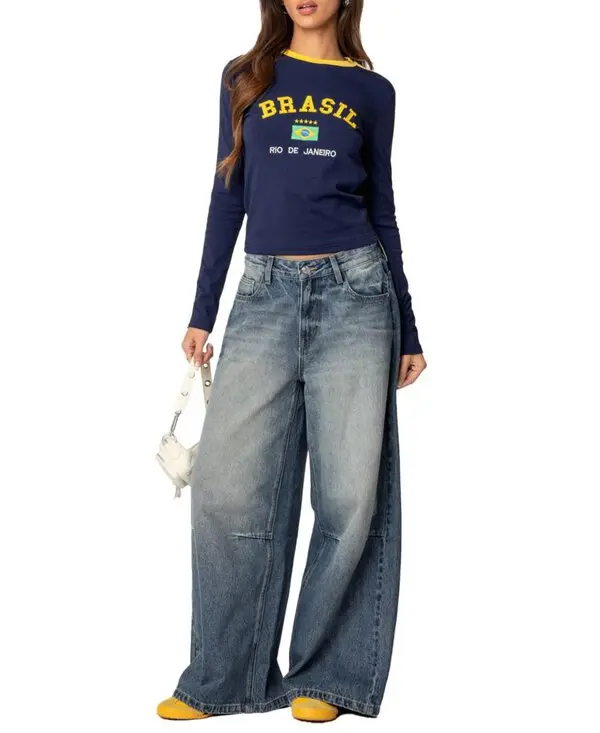EDIKTED Brasil Embroidered Long Sleeve T-shirt