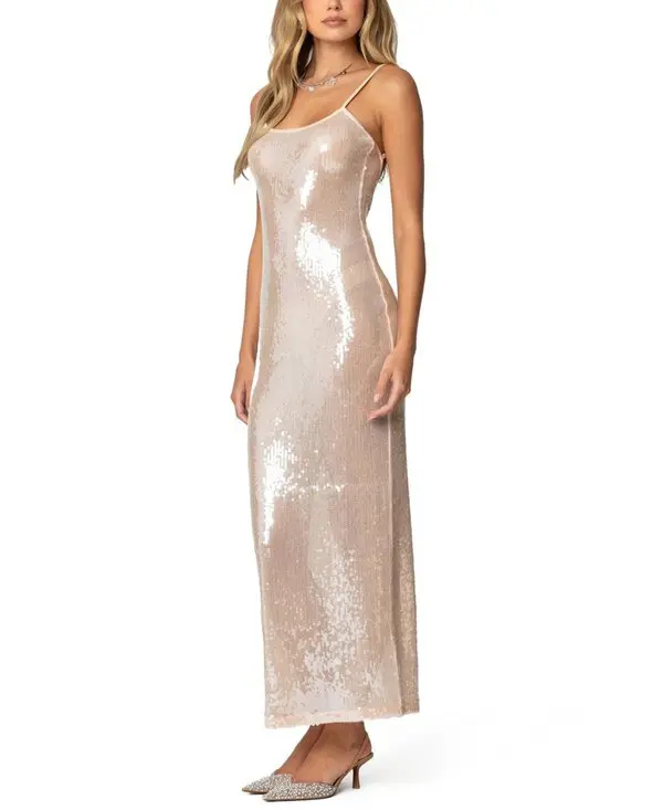EDIKTED Sheer Sequin Slitted Maxi Dress