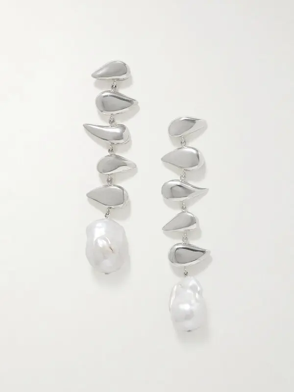 Agmes Long Flora Sterling Pearl Earrings - Silver