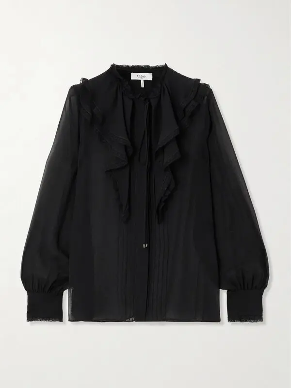 Chloé Lace-trimmed Pleated Silk-chiffon Blouse