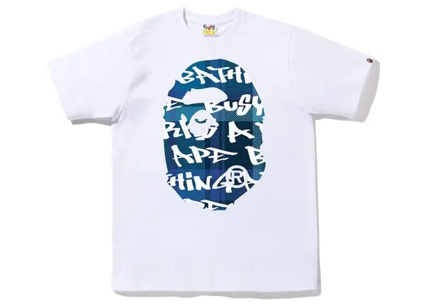 A BATHING APE Graffiti Check Big Ape Head Tee Shirt - White Blue