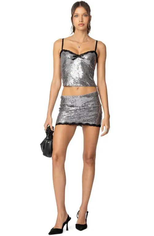 EDIKTED Sequin Lace Trim Miniskirt