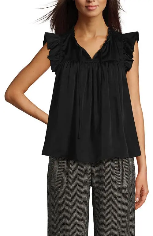 LANDS' END Split Neck Satin Ruffle Blouse - Black