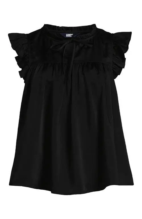LANDS' END Split Neck Satin Ruffle Blouse - Black