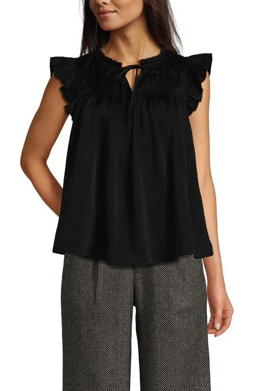 LANDS' END Split Neck Satin Ruffle Blouse - Black