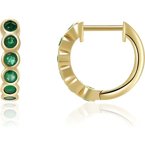 VALANI ATELIER Emerald Bezel Huggie Hoop Earrings - Green/ 14k Yellow Gold