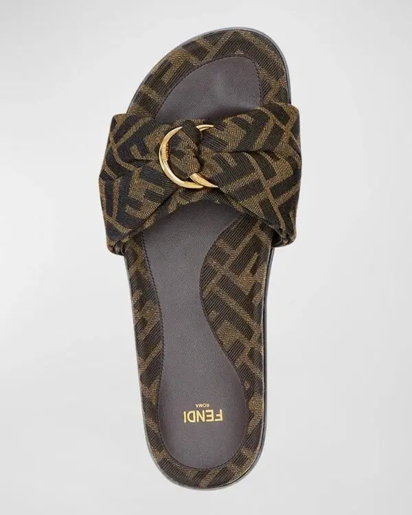 Fendi Ff Jacquard Flat Slides - Brown/black