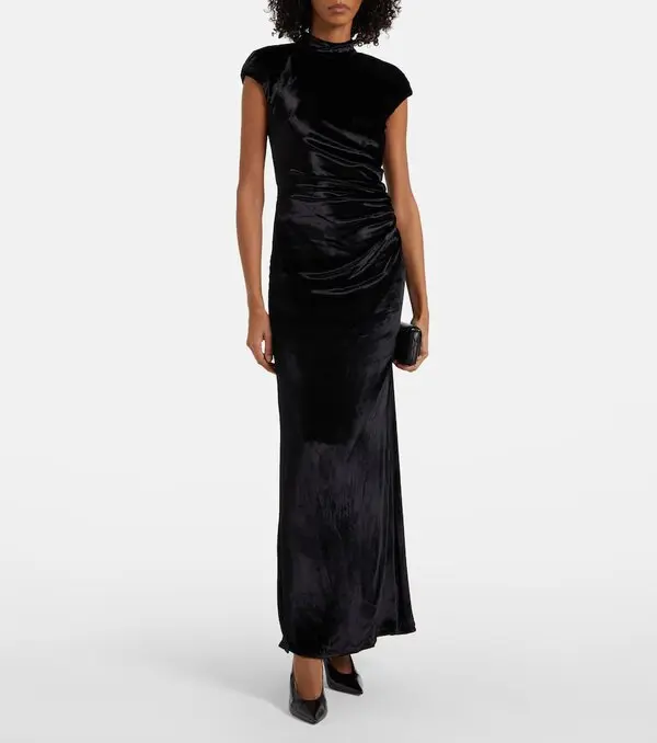 Staud Tina Ruched Velvet Gown - Black