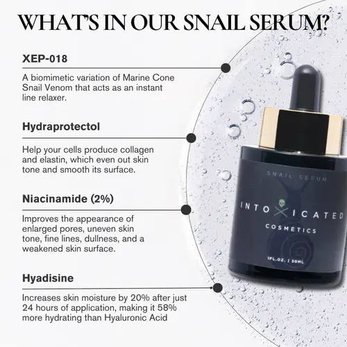 INTOXICATED COSMETICS Snail Serum + Hat Bundle | 1 Fl Oz/ 30 Ml | Anti-aging Formula With Vegan Snake Peptides | Hydrating Hyaluronic Acid