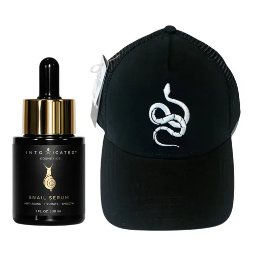 INTOXICATED COSMETICS Snail Serum + Hat Bundle | 1 Fl Oz/ 30 Ml | Anti-aging Formula With Vegan Snake Peptides | Hydrating Hyaluronic Acid - None