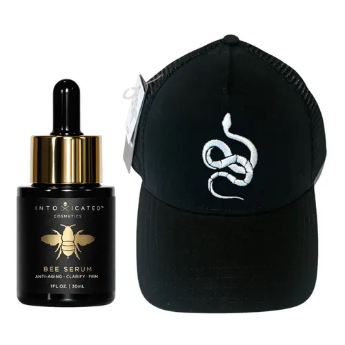 INTOXICATED COSMETICS Bee Serum + Hat Bundle | 1 Fl Oz/ 30 Ml | Anti-aging Formula With Vegan Snake Peptides | Hydrating Hyaluronic Acid - None