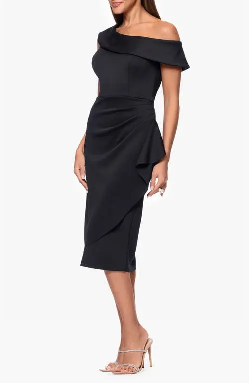Xscape Evenings One-Shoulder Ruched Midi Dress - Black | Editorialist