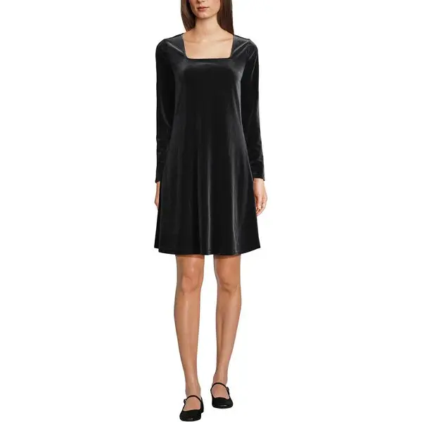 LANDS' END Knit Velvet Square Neck Fit & Flare Dress - Black