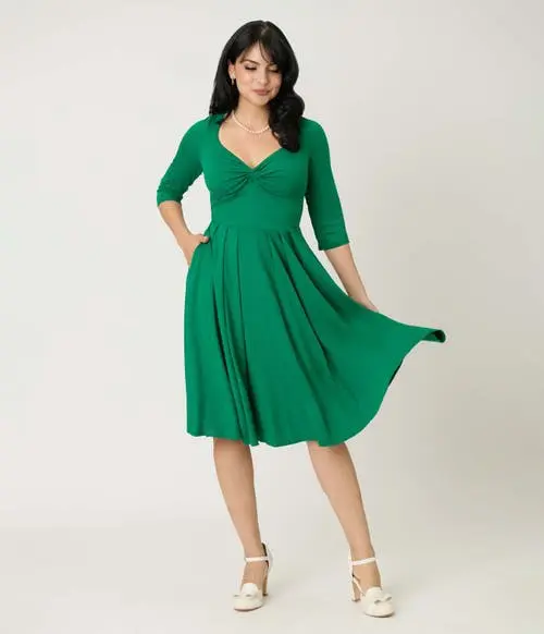 Unique Vintage 1950s Front Twist Swing Dress - Solid Green