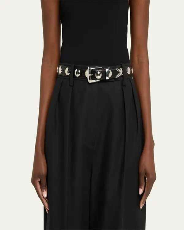 Khaite Benny Silvertone Studded Leather Belt - Black