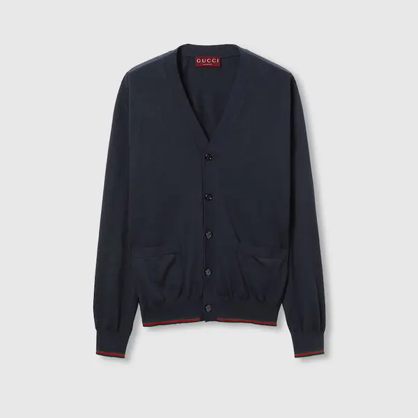 Gucci Wool Knit Cardigan With Web - Blue