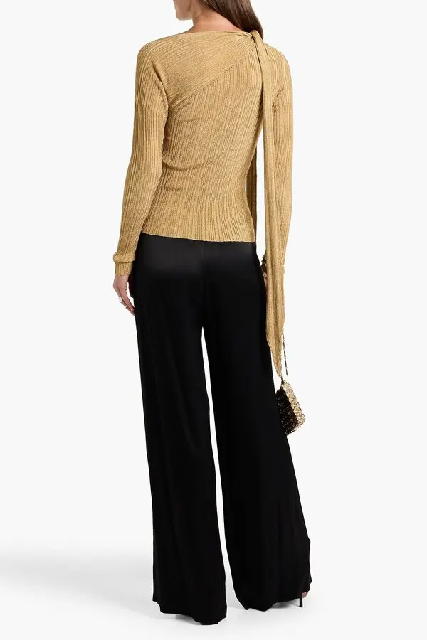 Rabanne Tie-detailed Metallic Plissé-knit Sweater