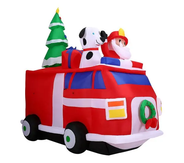CHRISTMAS TIME Fraser Hill Farm 7-ft. Pre-lit Inflatable Santain Fire Truck - One-color