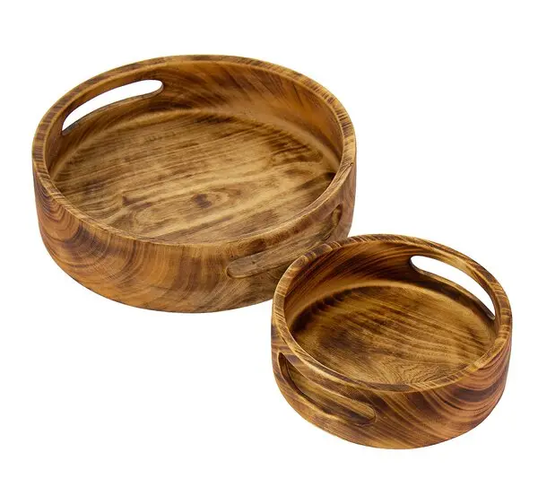 GLOBAL CRAFTS Nested Jacaranda Wood Trays With Andle, Set/2