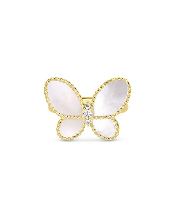 Roberto Coin 18k Yellow Gold Jasmine Mother Of Pearl & Diamond Butterfly Ring - Ivory/gold