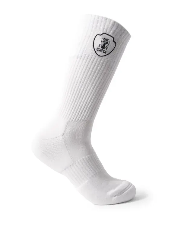 Brunello Cucinelli Logo-embroidered Ribbed Cotton-blend Socks - White