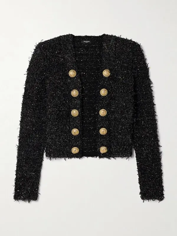 Balmain Button-embellished Sequined Bouclé-tweed Jacket - Black