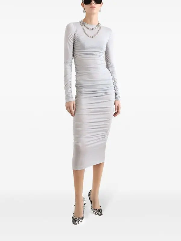 knee length dresses for ladies Charcoal Shimmer Mesh Long Sleeve Ruched Midi Dress  PinkBlush