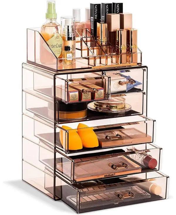 SORBUS 2 Piece Acrylic Makeup And Jewelry Storage Organizer Case 6 Drawers And Lipstick Tray - Brown