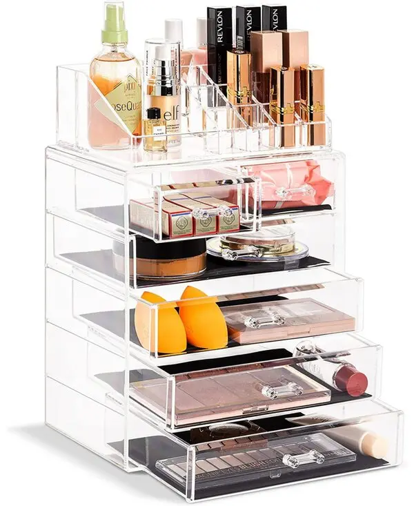 SORBUS 2 Piece Acrylic Makeup And Jewelry Storage Organizer Case 6 Drawers And Lipstick Tray - Clear