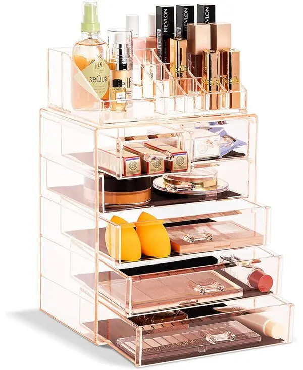 SORBUS 2 Piece Acrylic Makeup And Jewelry Storage Organizer Case 6 Drawers And Lipstick Tray - Pink