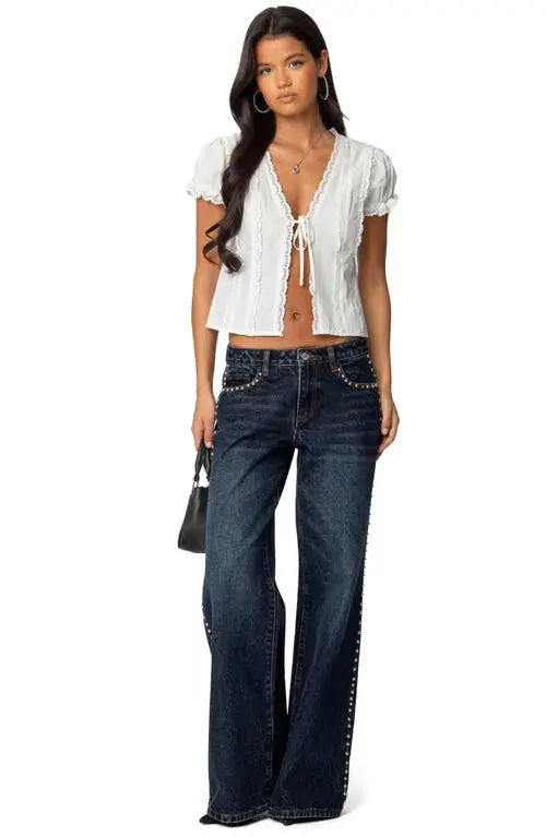 EDIKTED Tie Front Scalloped Top - White