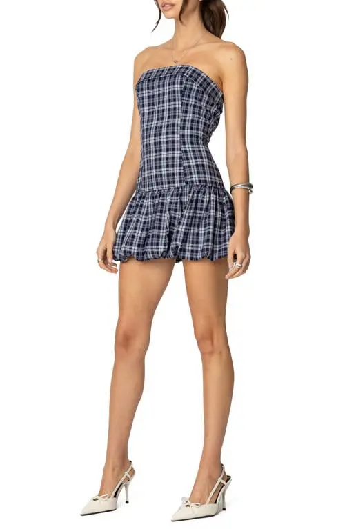 EDIKTED Plaid Strapless Mini Dress - Navy