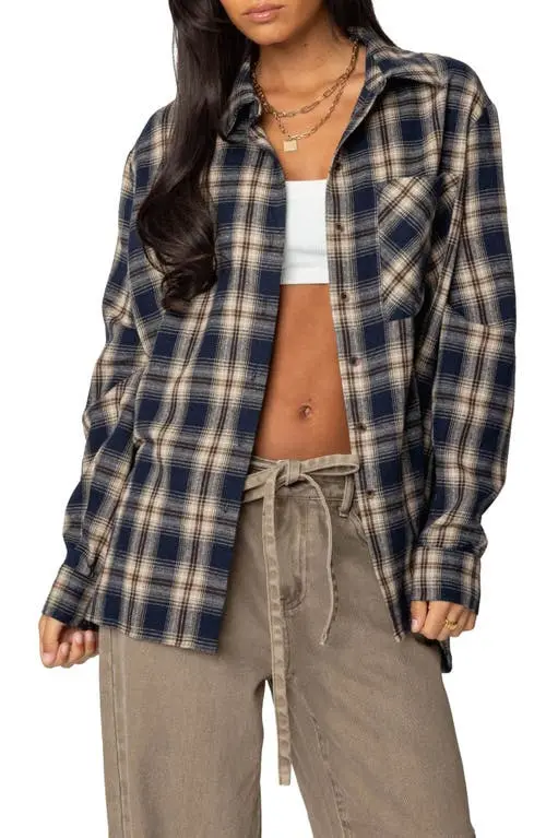 EDIKTED Plaid Flannel Button-up Shirt - Navy