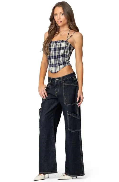 EDIKTED Leon Plaid Lace-up Corset Top