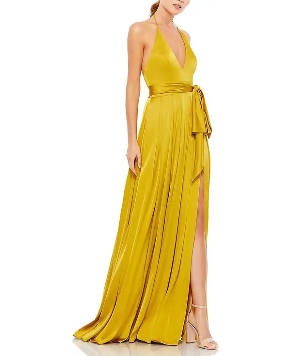 Mac Duggal Halter Neck Gown With Draped Skirt And Tie Waist