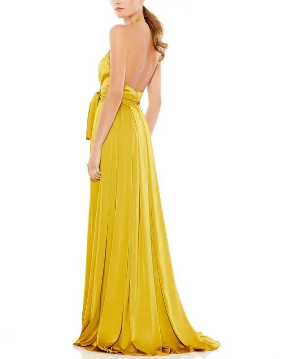 Mac Duggal Halter Neck Gown With Draped Skirt And Tie Waist