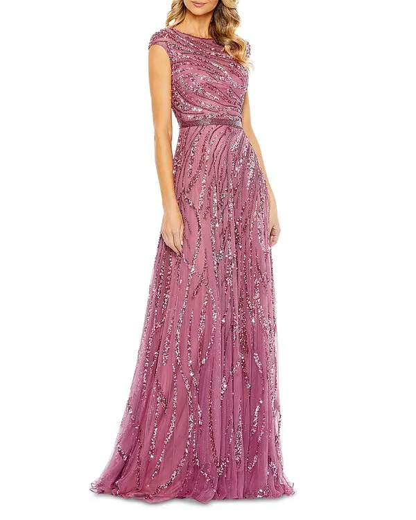 Mac Duggal Sequined Boat Neck Gown