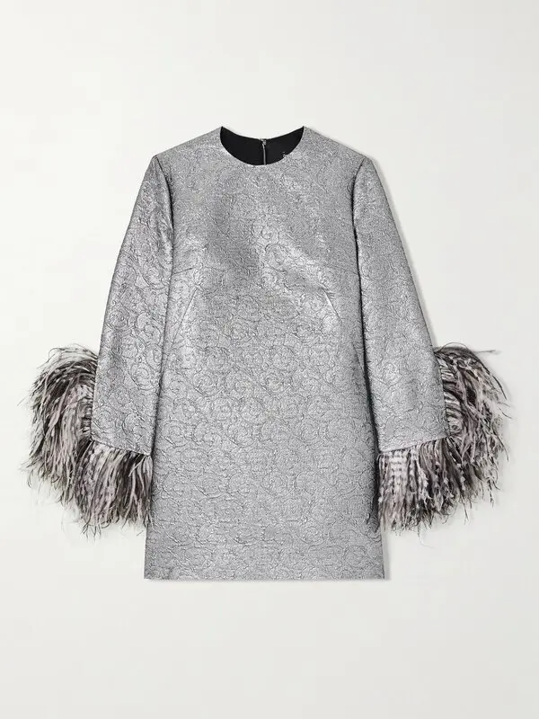 Dolce & Gabbana Feather-trimmed Metallic Jacquard Mini Dress