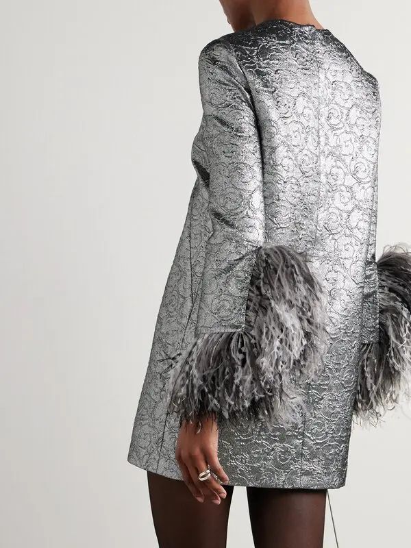 Dolce & Gabbana Feather-trimmed Metallic Jacquard Mini Dress