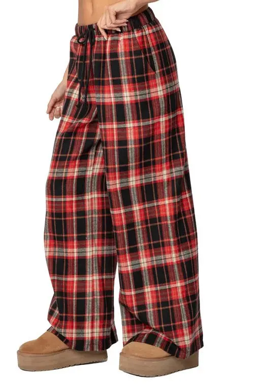 EDIKTED Plaid Wide Leg Pants - Red
