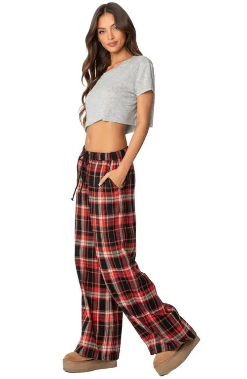 EDIKTED Plaid Wide Leg Pants - Red