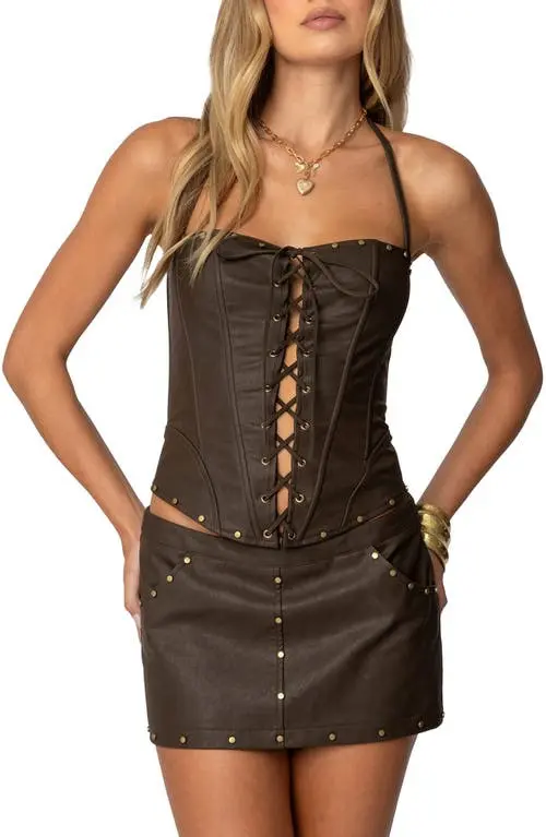 EDIKTED Stormi Faux Leather Corset Halter Top